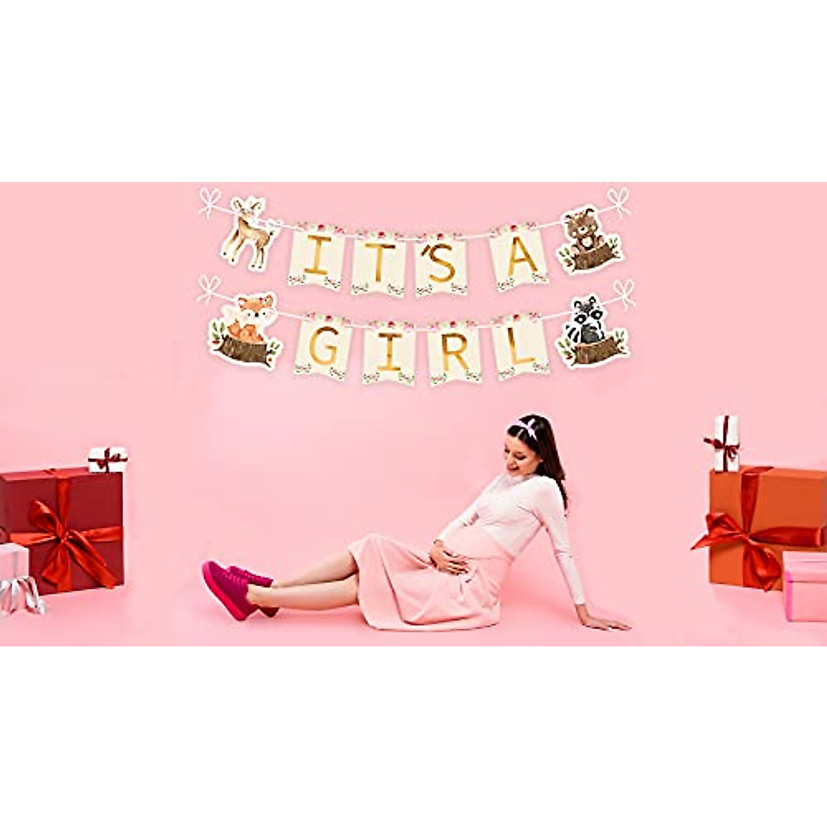 Woodland Animal Creatures ITS A GIRL Banner for Baby Shower Decoration Deer, Fox, Raccoon and Bear / Wild One, Boho Themed Party Supplies