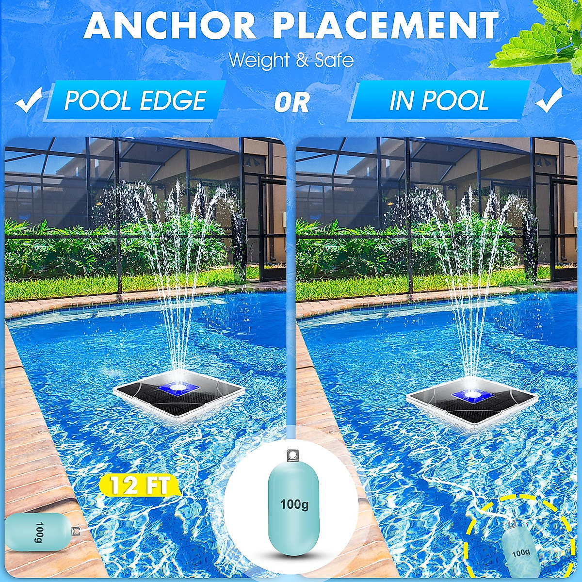 ChlorStar Solar Fountain With Light Show,2024 Large Solar Pool Fountain With Anchor,Square Floating Pool Fountains for Inground Above Ground Pool,Solar Powered Water Fountain Pump for Pool,Outdoor-1PC