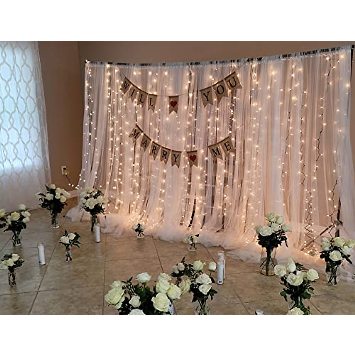 White Tulle Backdrop Curtain with Lights String for Parites 10×8ft Sheer Backdrop Curtains White Curtain Backdrop for Wedding Baby Shower Birthday Party Photo Shoot Decorations(2 Panels 10ft×8ft)