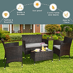 Toolsempire 4 Pieces Patio Sofa Set, Wicker Conversation Set with Ergonomic Curved Backrest, Patio Rattan Furniture Set with Water-Resistant Cushion & Tempered Glass Table for Balcony, Porch (Gray)