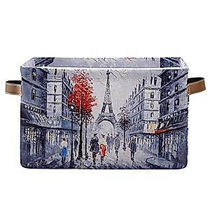 AUUXVA Paris Eiffel Tower Storage Bins Basket, Art Painting Romantic France Collapsible Storage Cube Rectangle Storage Box with Handles for Shelf Closet Nursery Bedroom Home Office 2 Pack