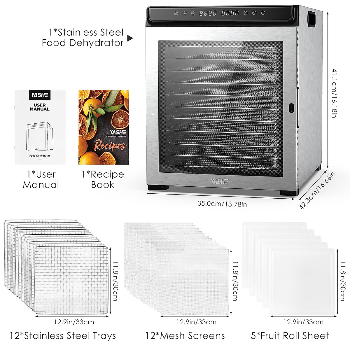 YASHE Food Dehydrator Machine, 12 Stainless Steel Food Dryer, 72H Timer and Temperature Control (95°F-167°F), 1300W Dehydrators for Food and Jerky, Herbs, Fruit, Dog Treats, Recipes Book Included