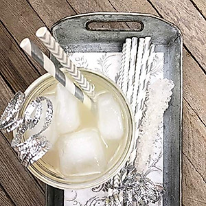 Outside the Box Papers Light Blue and Silver Stripe and Chevron Paper Straws 7.75 Inches 100 Pack Light Blue, Silver, White