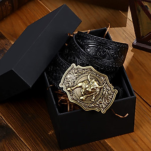 Photect Western Leather Belt, 1.5 Inch Wide, Black, 45 Inch, Unisex, Floral Embossed, Long Lasting, Golf, Buckle