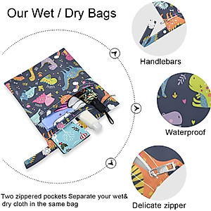 visesunny Cute Dinosaur Rainbow Tropical Pattern 2Pcs Wet Bag with Zippered Pockets Washable Reusable Roomy for Travel,Beach,Pool,Daycare,Stroller,Diapers,Dirty Gym Clothes, Wet Swimsuits, Toiletries