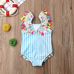 Kids Toddler Baby Girl One Piece Swimsuit Beach Wear Striped Flamingo Tassels Swimwear Bathing Suits 6-12 Months