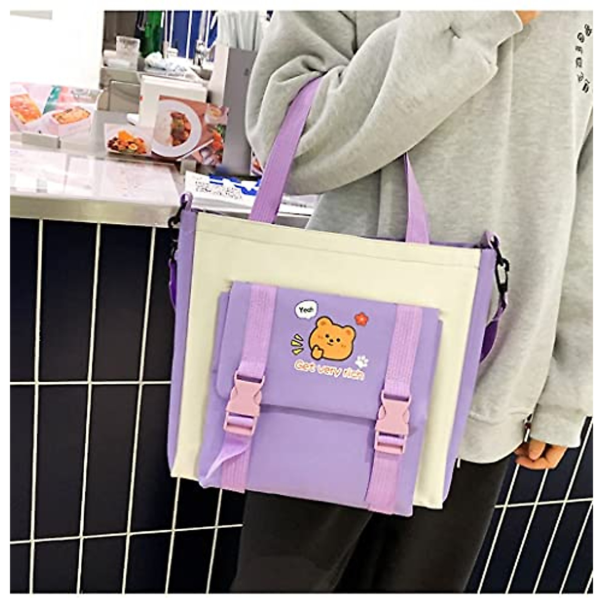 5pcs Cute Aesthetic Backpack Set for Girls Kawaii Large Canvas Shoulder Bag Preppy School Accessories (Purple)