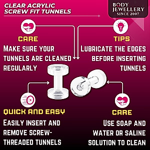 bodyjewellery 8G 8 gauge 3mm - Clear Acrylic screw fit Flesh Tunnels Ear Plugs ADAE - Ear Stretching Expanders Stretchers - Sold as a Pair