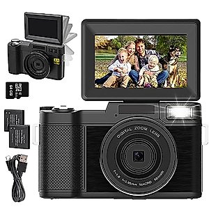 4K Digital Camera for Photography, Autofocus 48MP Vlogging Camera for YouTube with 16X Digital Zoom Macro Camera, 3’’180°Flip Screen Compact Video Camera with Liftable Flash, SD Card&2 Batteries