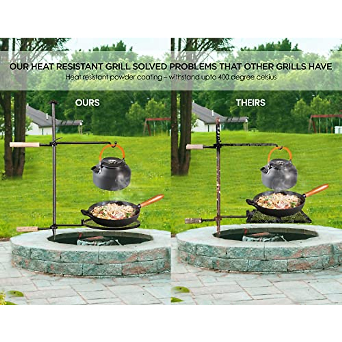 Campfire Grill Grate Fire Pit Grill Grate Open Fire Cooking Equipment Swivel Campfire Grill with Heat Resistant Adjustable Griddle Plate to Cook Food Over Open Camp Fire for Outdoor Camping BBQ Black