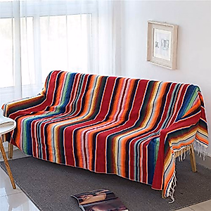 JQZ Mexican Serape Blanket with Tassel Bright Colorful Stripe Rainbow Throw Blanket Yoga Beach Blanket Tablecloth Sofa Cover(Red, 60" X 82")