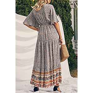 PRETTYGARDEN Women's Casual Summer Boho Floral Print Dress V Neck Short Sleeve High Waist Long Maxi Beach Dresses (White Floral,Medium)