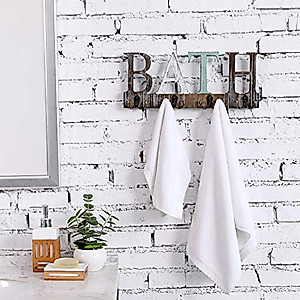 MyGift Wall Mounted Towel Hooks for Bathrooms, Rustic Torched Wood Hanging Towel Rack with 4 Dual Hooks and Bath Cutout Design