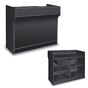 Free-Standing Black Melamine Register Stand, with Adjustable Shelves, Pull-Out Drawer, and Check Writing Area - Available Maple and Black. Available in 48" of 72" (48" Wide, Black)