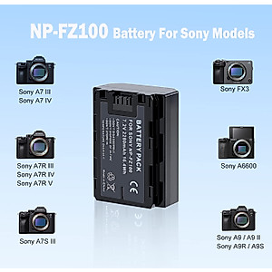 2 Pack NP-FZ100 Battery & Battery Charger Replacement for Sony Alpha A7 IV / A7 III / A7R V / A7R IV / A7R III / A7S III / A7C / A6600 / FX3 / A9 / A9 II / A1 Rechargeable Camera Battery