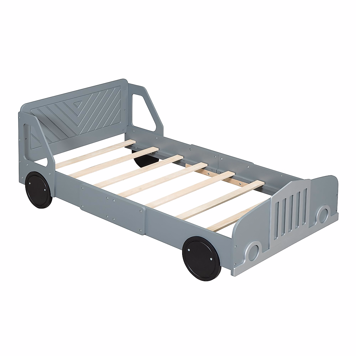 Harper & Bright Designs Twin Size Car-Shaped Bed with Wheels,Twin Kids Bed with Headboard & Footboard,Wood Twin Platform Bed Frame,Lightning McQueen Bed for Kids Boys Girls (Gray)