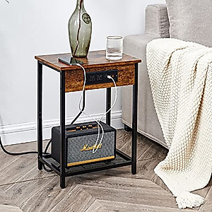 Sinewayone Nightstands Set of 2, End Table with USB-C Ports and Outlets, 2 Tier Side Table with Charging Station for Living Room, Bedroom, Office, Small Spaces, Sofa Couch, Rustic Brown
