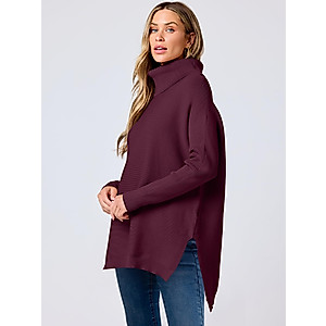 ANRABESS Women's Oversized Turtleneck Batwing Sleeve Spilt Casual Loose Knit Tunic Pullover Sweater Tops 2025 Fall Outfits Wine Red Small