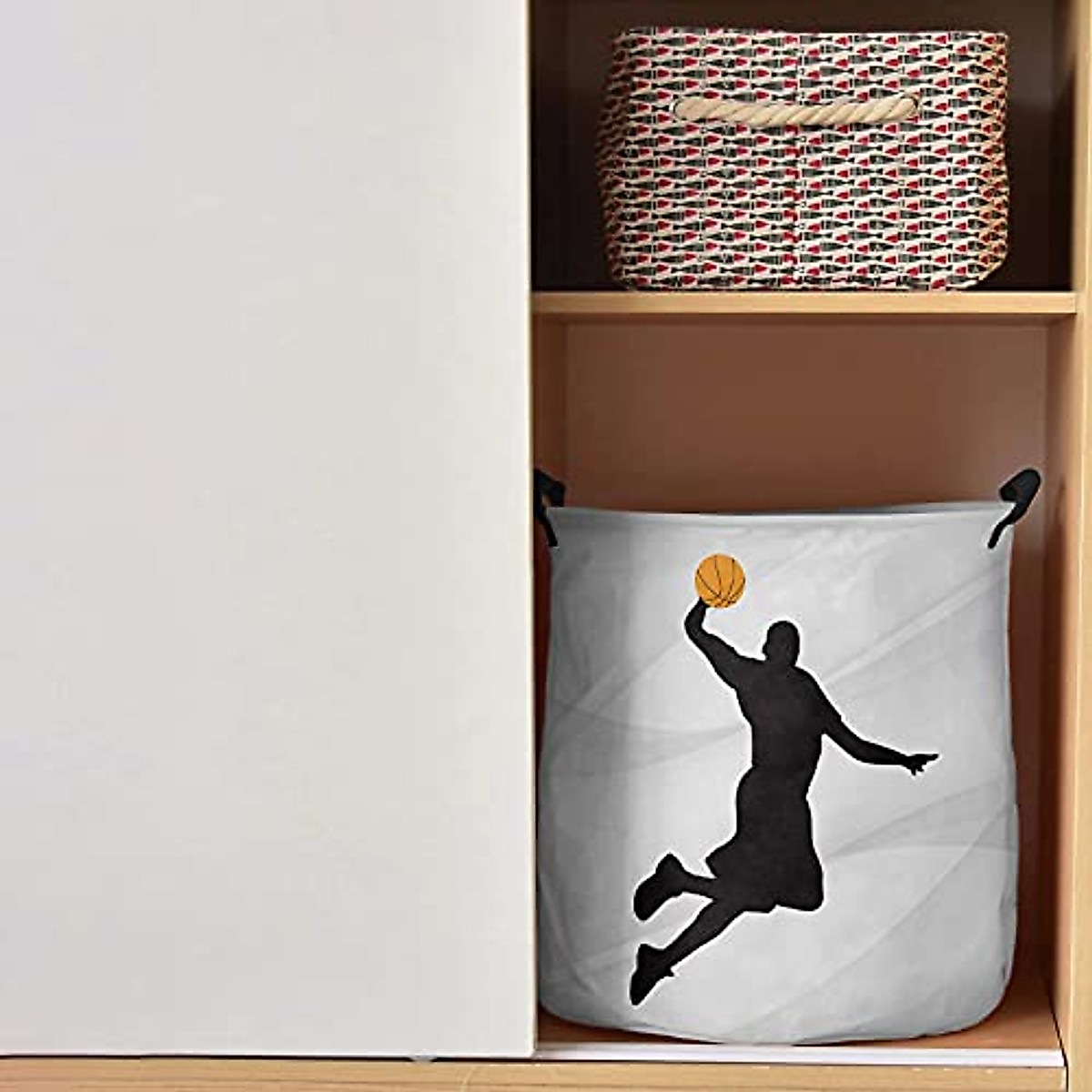 Laundry Hamper, Sport Theme Athlete Basketball Silhouettes Gray Collapsible Clothes Hamper with Handles Water Repellent Freestanding Storage Basket for Clothes Toys