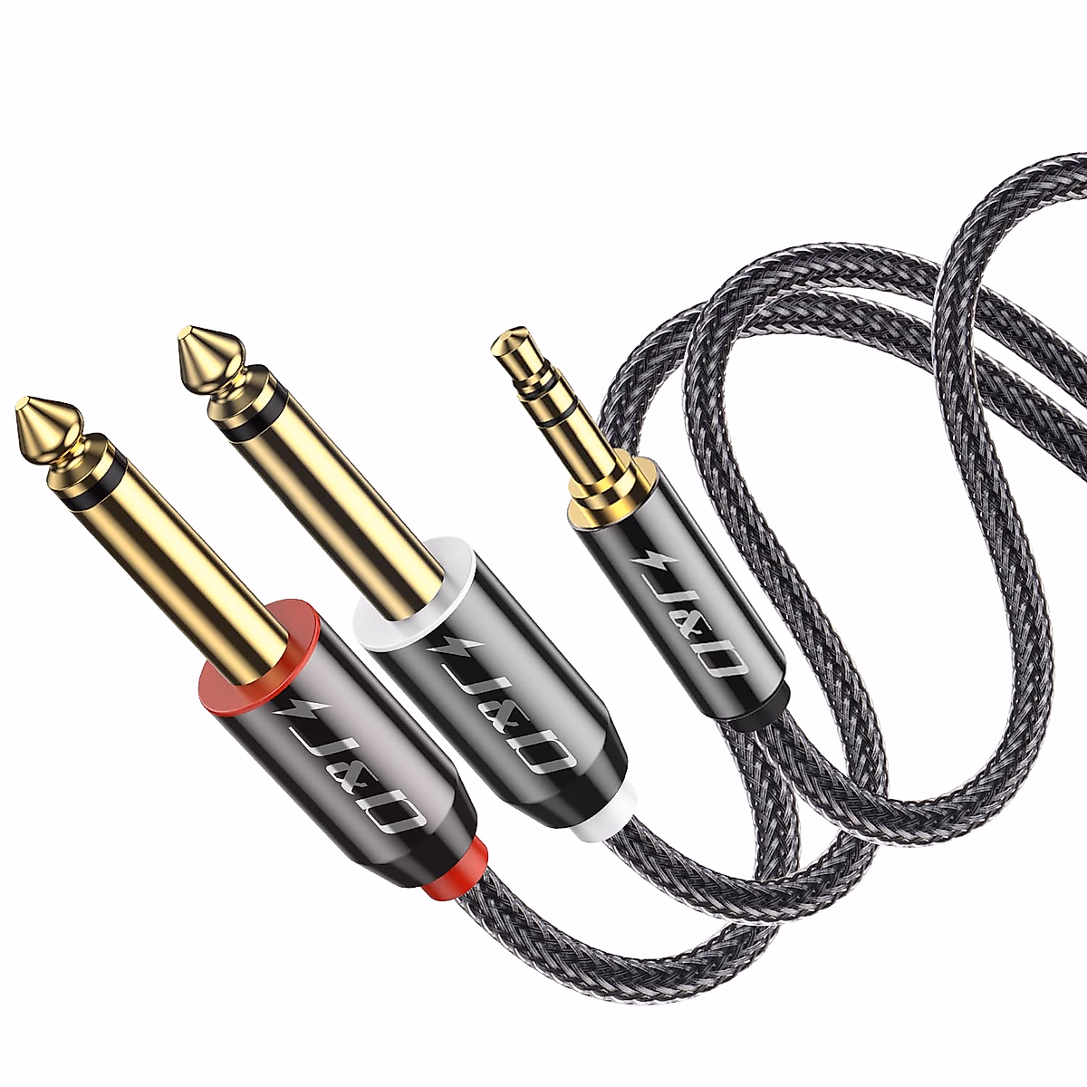 J&D 3.5mm 1/8 inch TRS Male to Dual 6.35mm 1/4 inch TS Male Mono Stereo Y-Cable Splitter for Amplifiers/Mixer Audio Recorder, Zinc Alloy Housing, Nylon Braid, Gold Plated Copper Shell, 1.5 Feet