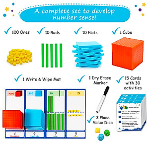 Simply magic 141 PCS Base Ten Blocks for Math - Math Manipulatives K-3, Unit Blocks 1st 2nd 3rd Grade, Counting Blocks - Kindergarten Set, Math Blocks Ones Tens Hundreds, Place Value Number Cubes