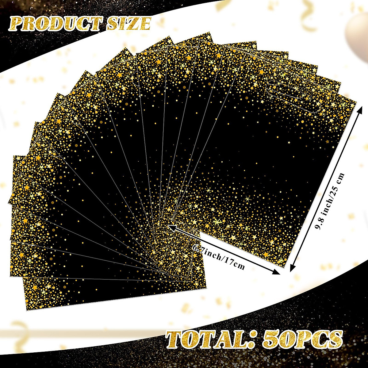 Pasimy 50 Pcs Black and Gold Party Favor Gift Bags Die Cut Plastic Treat Goodie Merchandise with Handle for Birthday Party Wedding Bridal Baby Shower Christmas New Year Gift Supplies