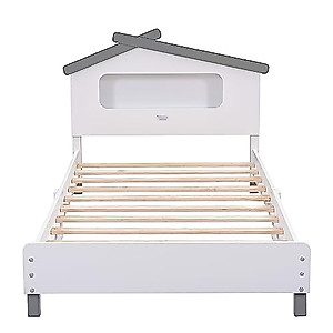 Merax Kids Mordern House Beds Frame with Motion Light Twin, Wood Low Bed for Boys,Girls, No Box Spring Need (Twin, White+Gray)