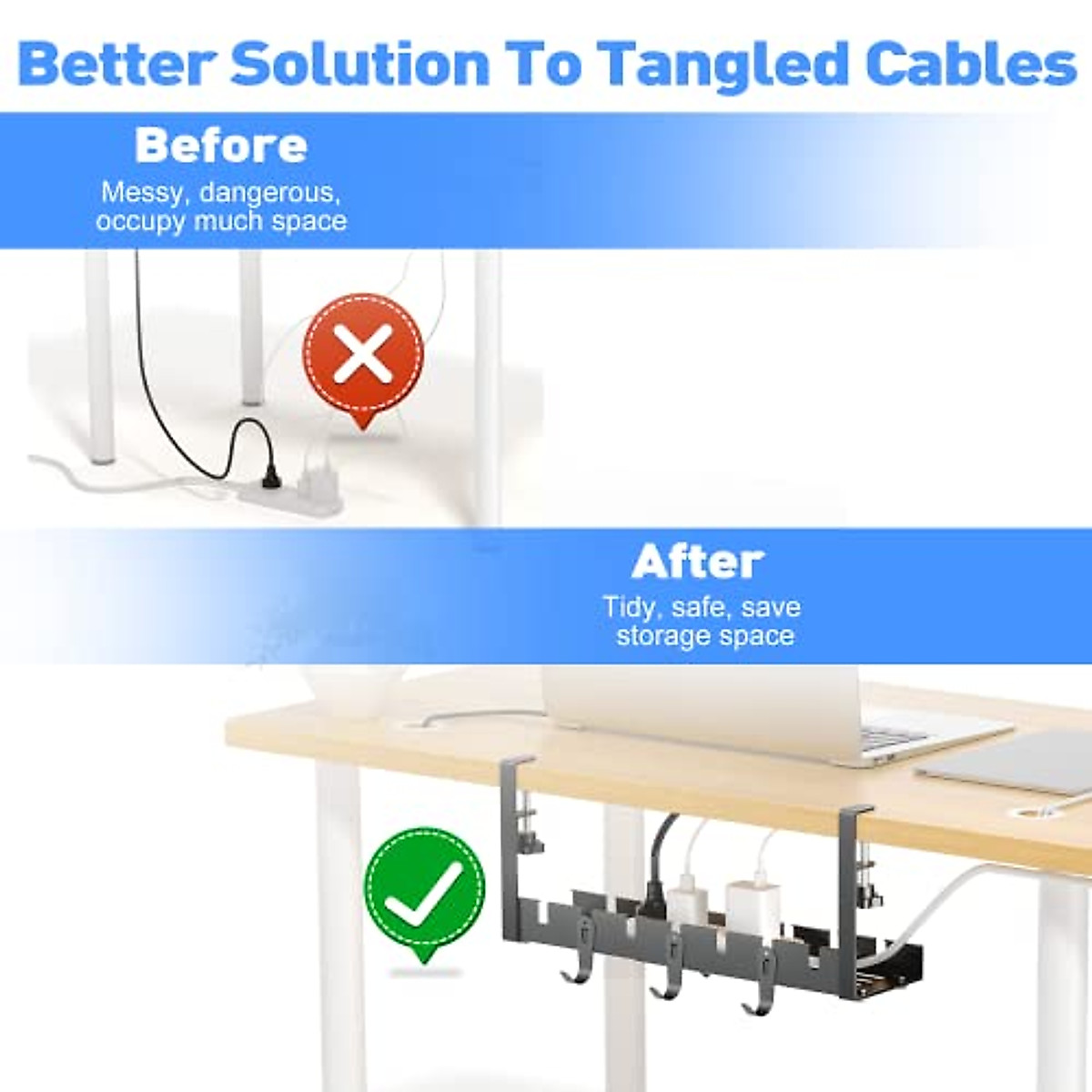 POKIPO Under Desk Cable Management Tray, Cable Management Under Desk, Retractable Under Desk Cord Organizer Wire Management No Drill Cable Tray with Clamp, Black Metal Rack Basket for Standing Desk
