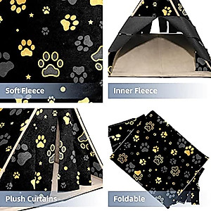 enheng Small Pet Hideout Gold Dog Paw Footprint and Star Pattern Hamster House Guinea Pig Playhouse for Dwarf Rabbits Hedgehogs Chinchillas