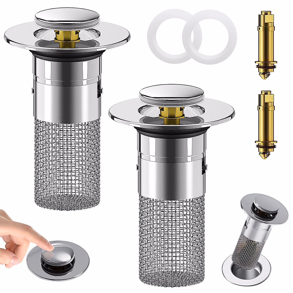 2Pcs Bathroom Sink Stopper Hair Catcher,Pop Up Sink Drain Filter with Removable Stainless Steel Filter Basket Hair Catcher, for US 1.1''-1.29'' Drain, Bathroom Sink Stopper Replacement