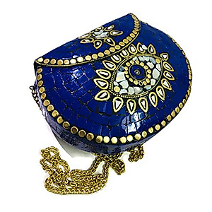 Blue stone mosaic metal bag antique ethnic clutch indian antique purse party clutch women bag…