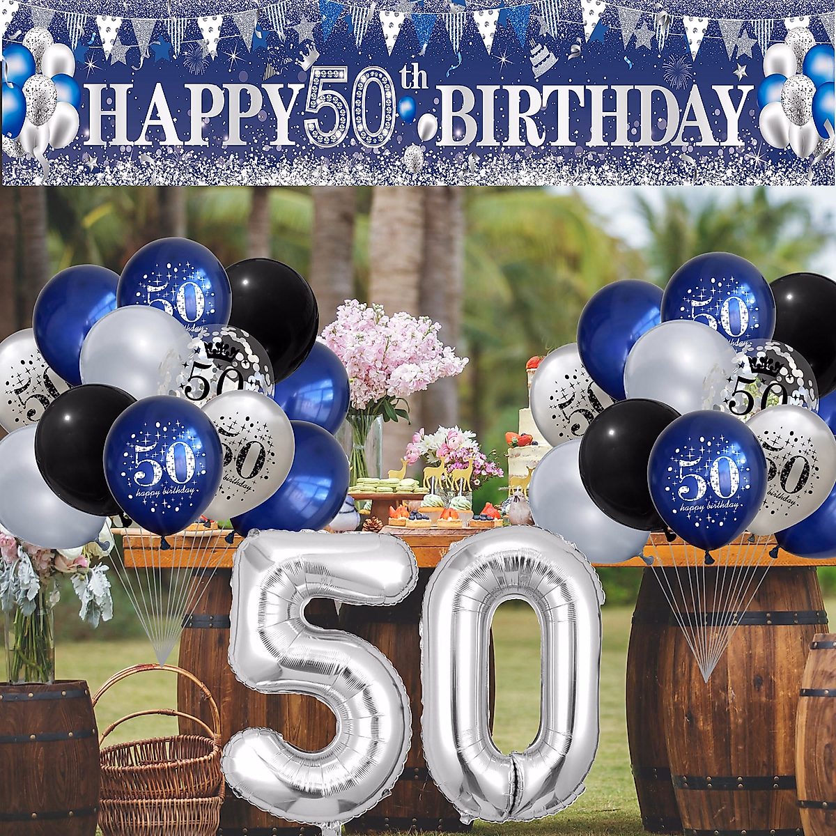50th Birthday Party Decorations Navy Blue Silver Happy 50th Birthday Yard Banner with 61pcs Latex Balloons Foil Number 50 Balloons Backdrop for Men Women Birthday Anniversary Party Decor Supplies