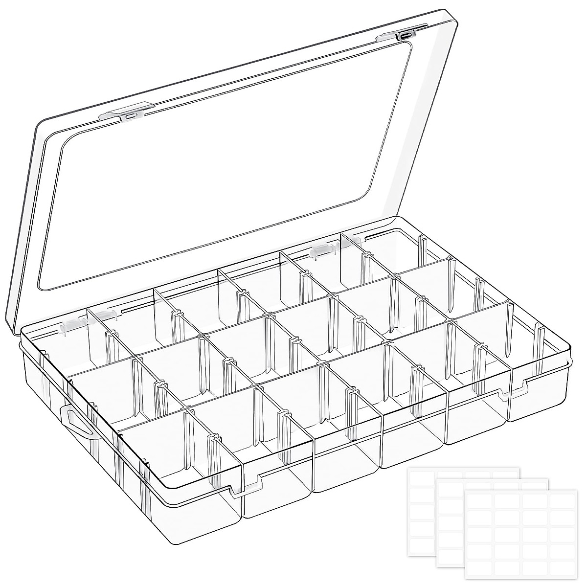 Mauproy 18 Grids Large Plastic Organizer Box with Adjustable Dividers, Clear Compartment Storage Container Tackle Box with Label Stickers for Beads, Crafts, Jewelries, Tools