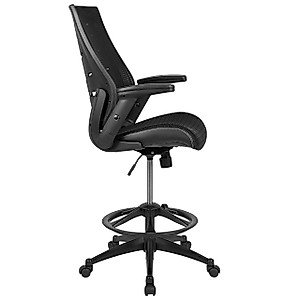 Flash Furniture High Back Black Mesh Spine-Back Ergonomic Drafting Chair with Adjustable Foot Ring and Adjustable Flip-Up Arms