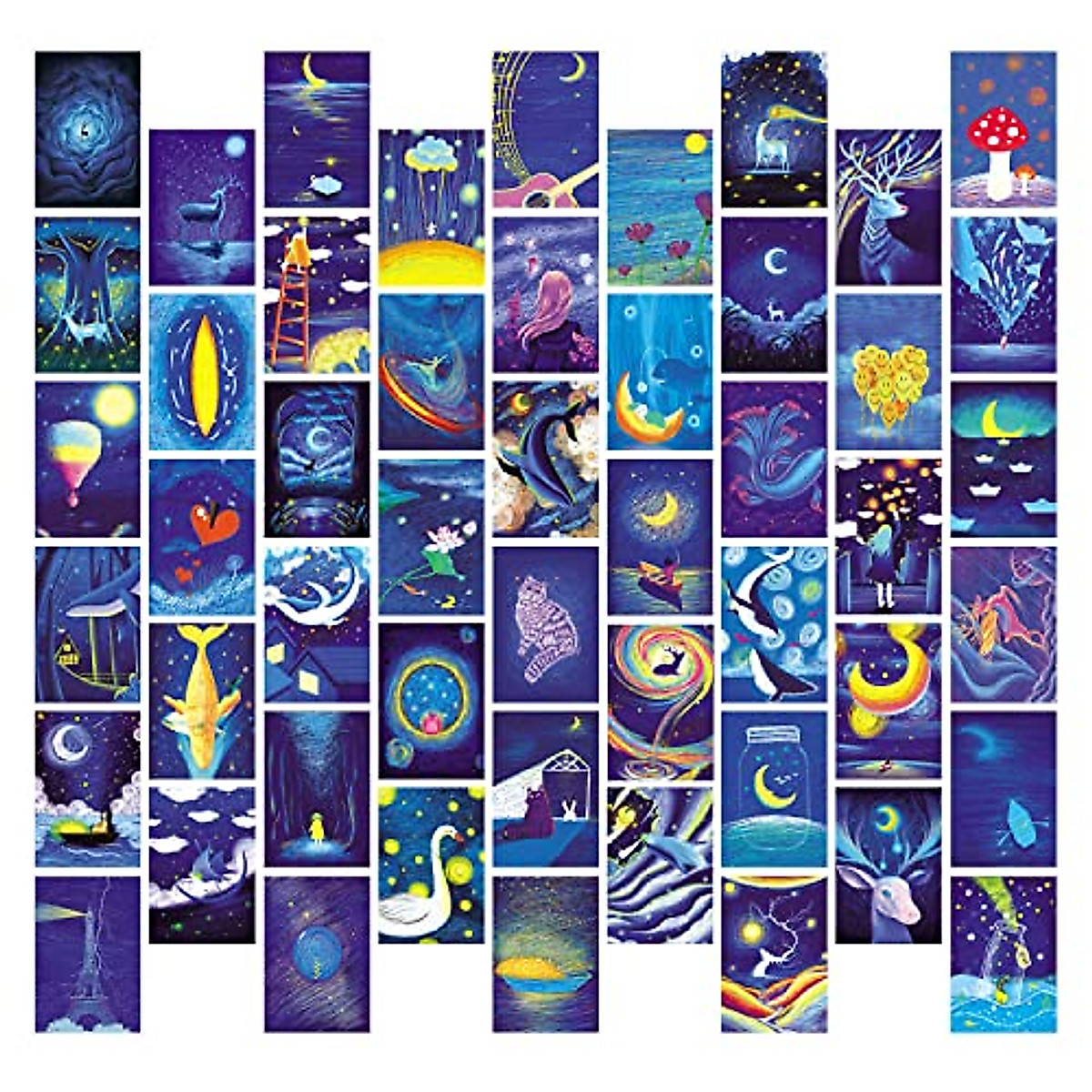 Blue Dream Quiet Room Decor Aesthetic wall collage kit Posters Elk Ocean Moon Galaxy Stars Cosmic Fantasy Elements Artwork for teen girls women bedroom home dorm abstract card Wall Art decor (50pcs 4x6inch)