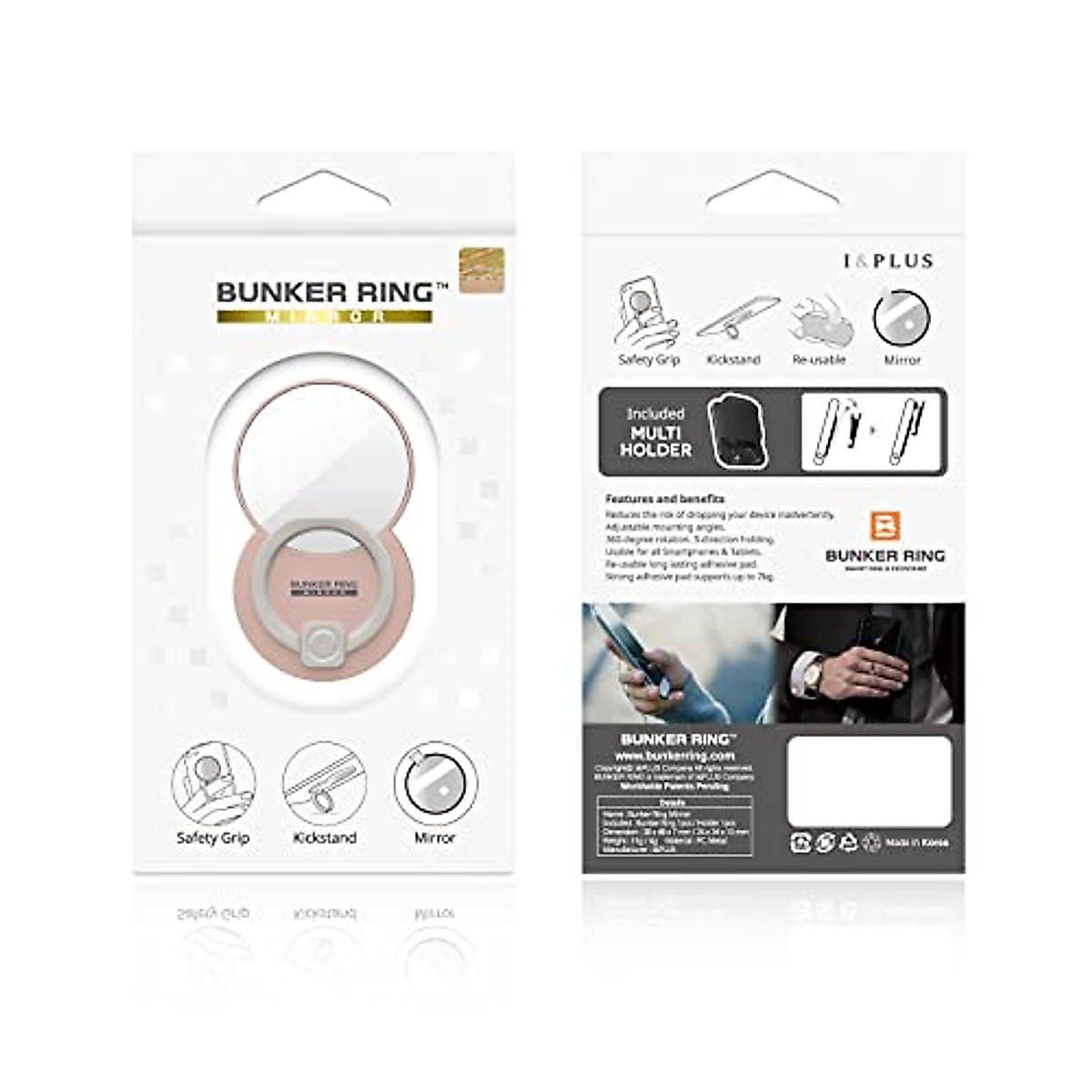 BUNKER RING Mirror, Cell Phone Ring Grip Stand with Mirror, 360°Rotation Metal Ring, Comes with Dedicated Holder, Compatible with Most Smartphones (Blush Gold), BKRMR-HOLS