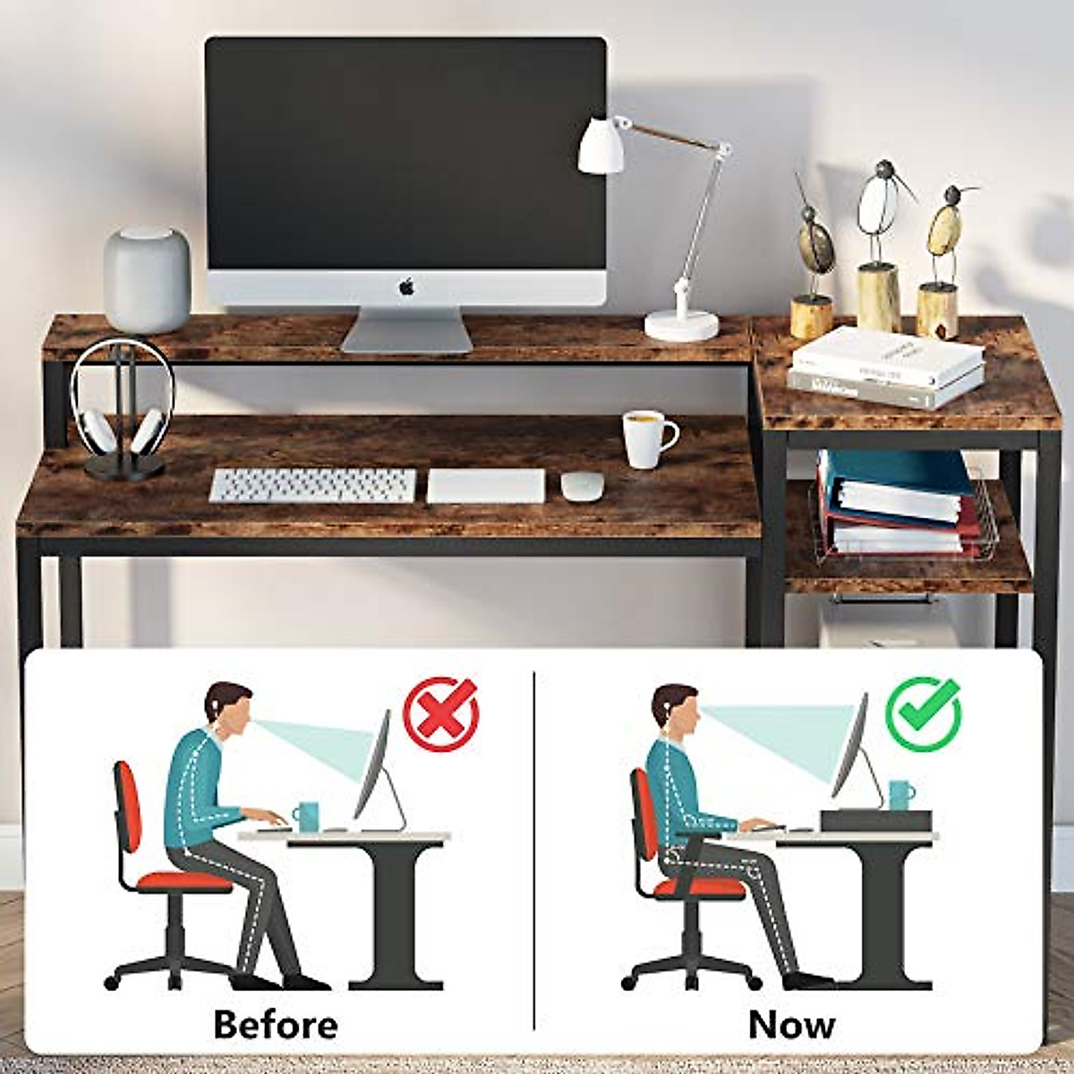 Tribesigns Computer Desk with Storage Shelves & Monitor Stand, PC Study Writing Desk, Industrial, Wood and Steel Frame, Workstations for Home Office