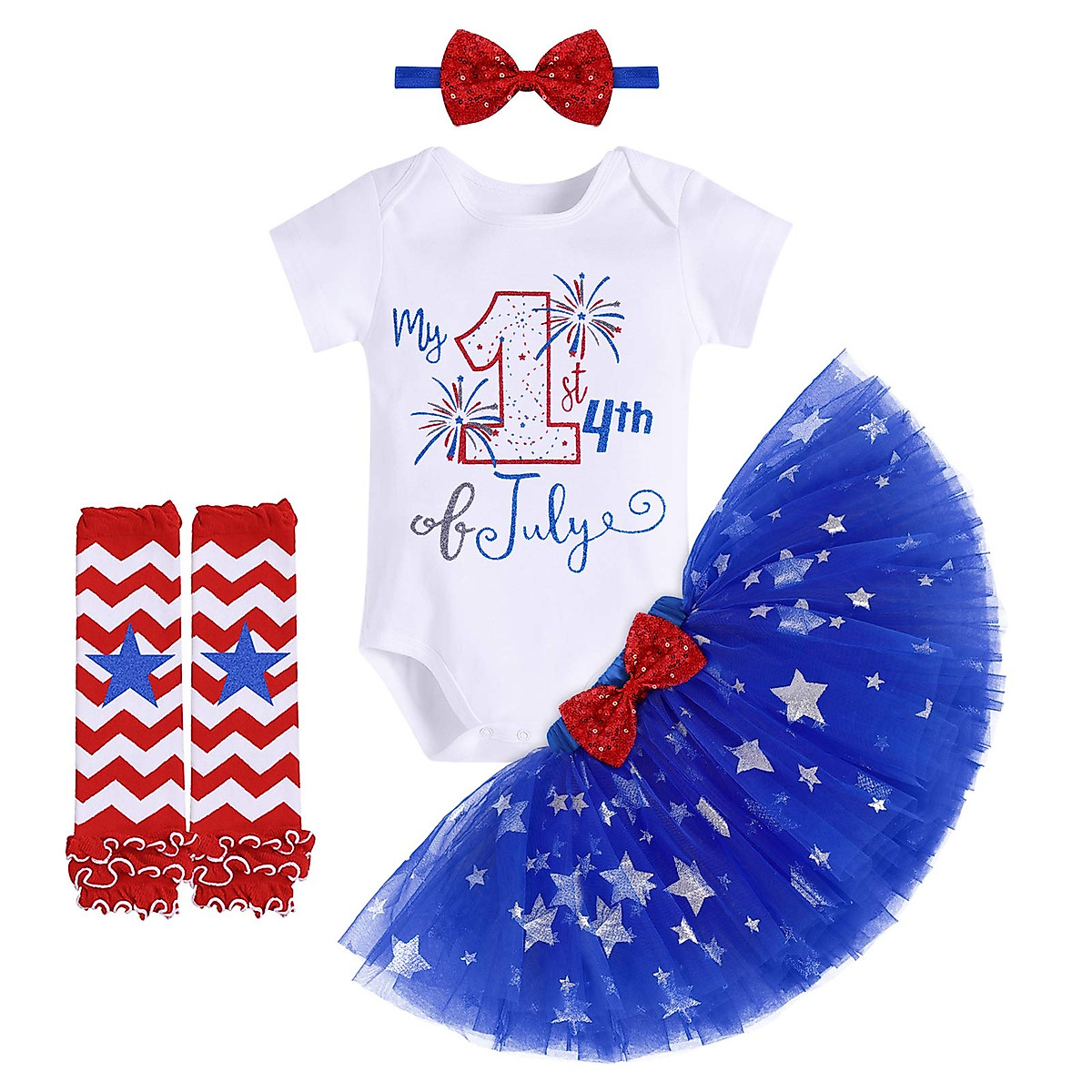 ODASDO Newborn Infant Baby Girl My 1st 4th of July Outfit Patriotic Bodysuit Romper Star Tulle Tutu Skirt Bowknot Headband Leg Warmers 4pcs Independence Day Party Summer Clothes Set White 3-6 Months
