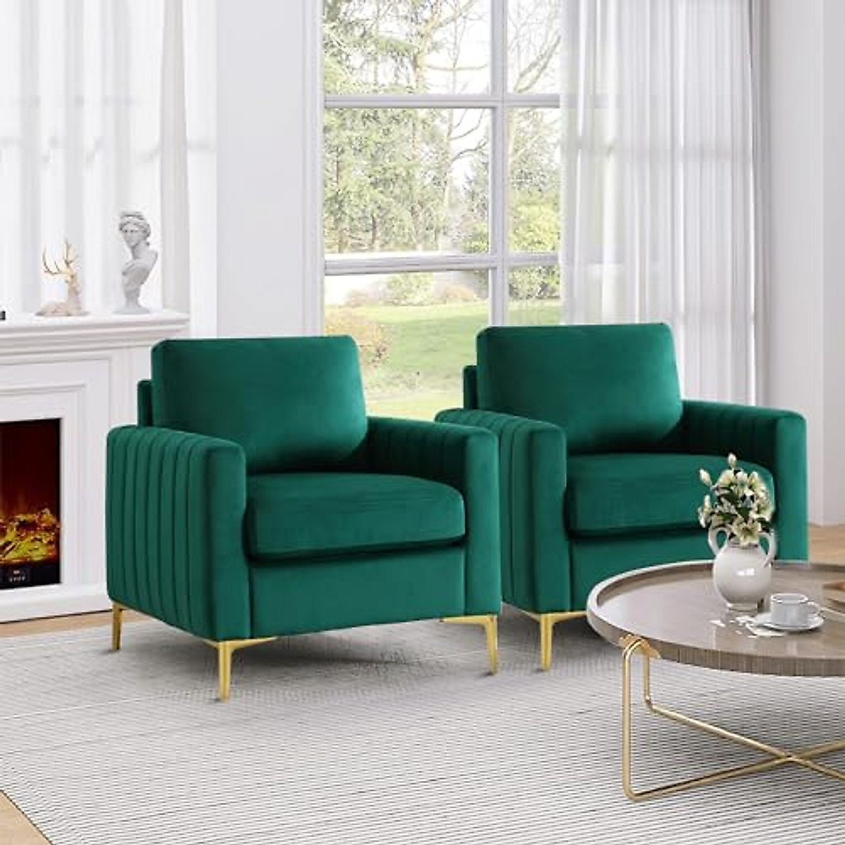Deolme Velvet Accent Chairs Set of 2, Mid Century Modern Side Sofa Chair Comfy Upholstered Arm Chairs Living Room Set Furniture Bedroom Waiting Room Office with Gold Legs (Emerald Green)