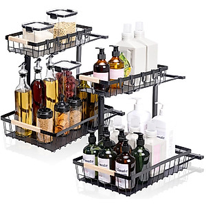 AT1nTen 2 Pack Under Sink Organizer, Sliding Cabinet Basket Organizer 2 Tier Under Bathroom Storage Rack with Hooks, Hanging Cup, Dividers, Multi-purpose Storage Shelf for Bathroom Kitchen, Black