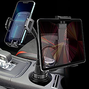 Phone Holder Mount for Car Cup Holder Slot – Flexible Gooseneck Mount with Dual Cradle Phone Holder and Tablet Holder - Hands Free Universal Fit All Black Color Adjustable Stand - Two Cradles