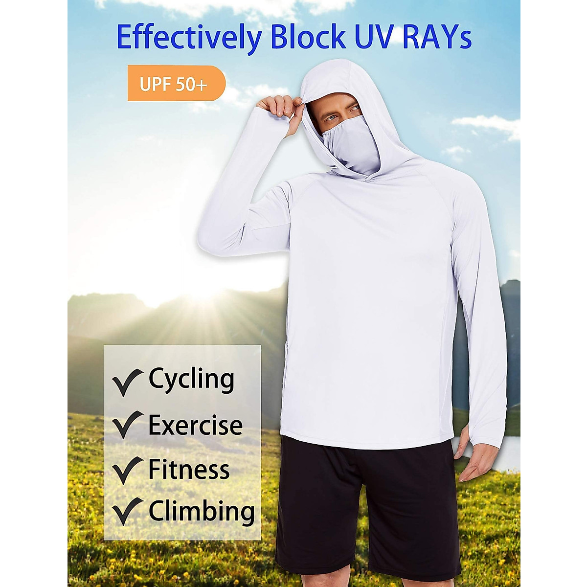 Hooded Fishing Shirts for Men UPF 50+ Long Sleeve Hoodie with Mask Lightweight SPF Sweatshirts Rash Guard Camo Neck Gaiter