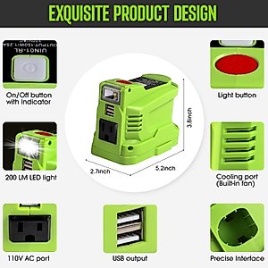 BTRUI for Ryobi Powered Inverter Generator 150 Watt for Ryobi 18V Battery, to 110v/120v AC output, Portable Power Source USB Charger Adapter, for Ryobi Power Station with LED Light