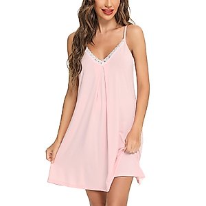 Memory baby Womens Chemise Sleepwear Full Slips Sexy Lace Nightgown Soft Nightwear Lingerie A-pink