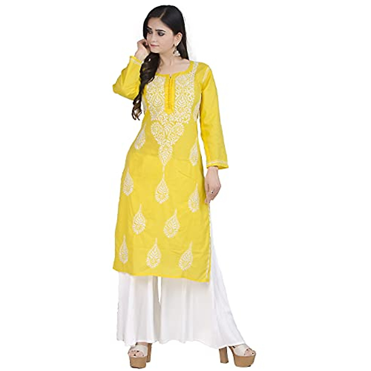 Chandrakala Hand Embroidered Lucknow Chikankari Kurti for Women 100% Cotton Indian Ethnic Tunic,2X-Large (K150YEL5) Yellow