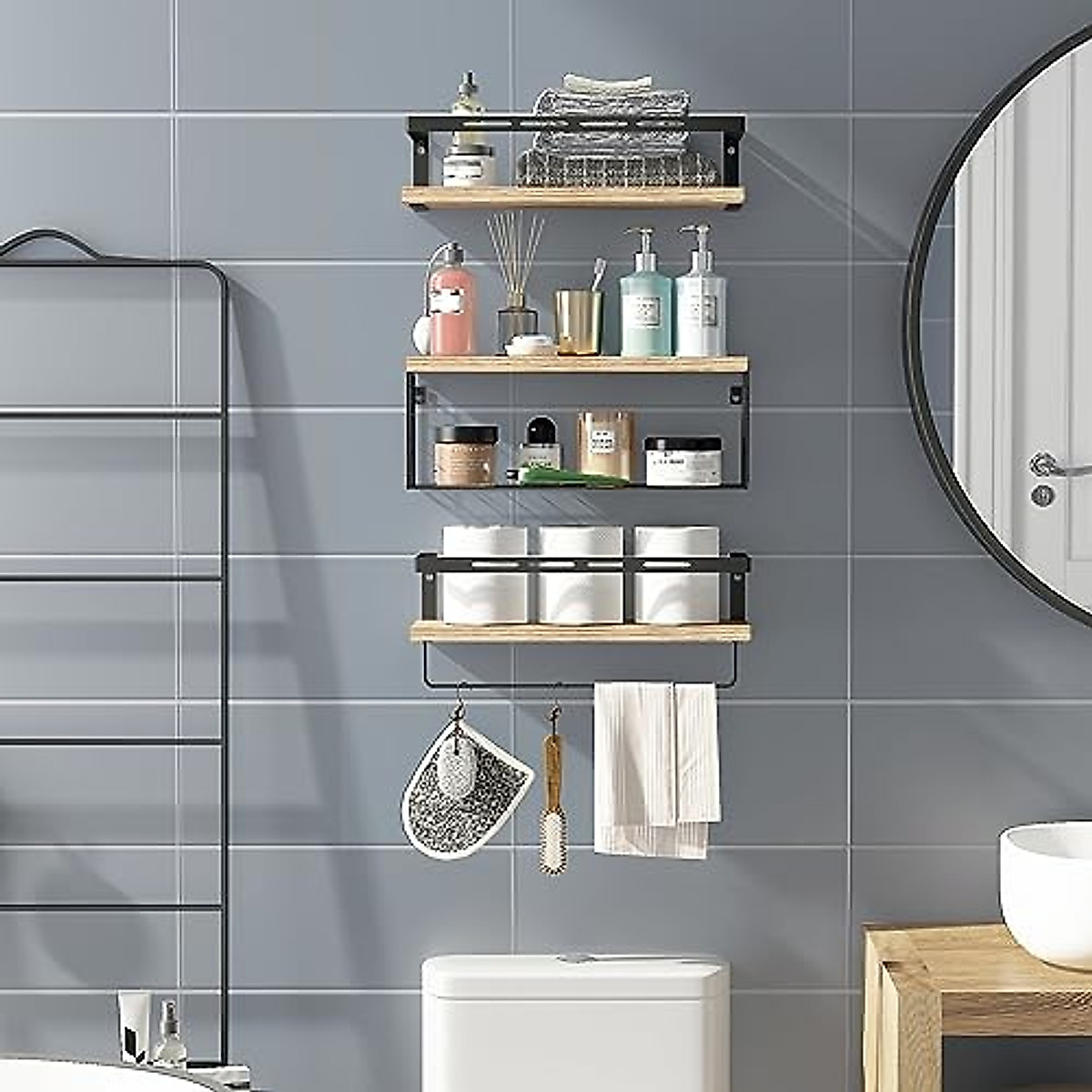 Fixwal 3+1 Tier Wall Mounted Floating Shelves with Metal Frame, Rustic Wood Bathroom Shelves Over Toilet with Wire Storage Basket and Towel Bar for Bathroom, Kitchen, Bedroom (Rustic Brown)- New