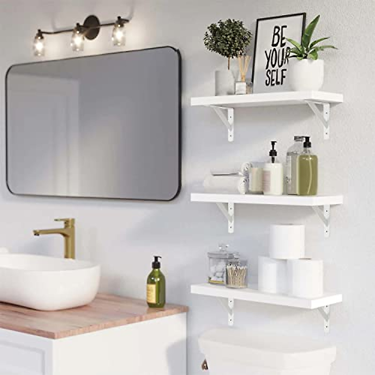 AIKTOTA Floating Shelves - 15.7" White Wall Shelf with Metal Bracket, Wall Mounted Shelves for Bathroom, Living Room, Bedroom, Kitchen, Modern Storage Shelves Decor - Set of 3
