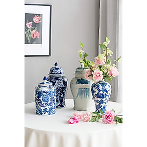 A&B Home 13'' Blue White Porcelain Jar Flower Planter Pot Home Decor Vase Hand Painted Floral Print Tall Vase Asian Decorations