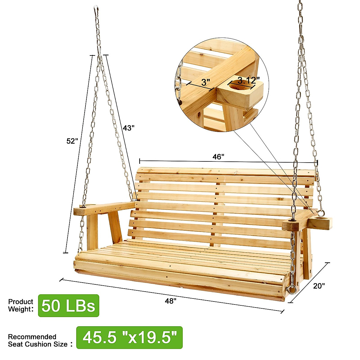 Kybolt Wooden Porch Swing with Hanging Chain,2-Seater Patio Swing Chair with Cup Holders,Outdoor Swing Bench for Porch Courtyard Garden Balcony