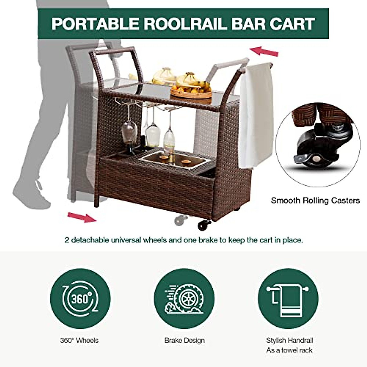 Vicluke Outdoor Wicker Bar Cart with Removable Ice Bucket, Rattan Bar Serving Cart with Glass Holder and Wheels, Beverage Cart with Glass Countertop for Pool, Party, Backyard